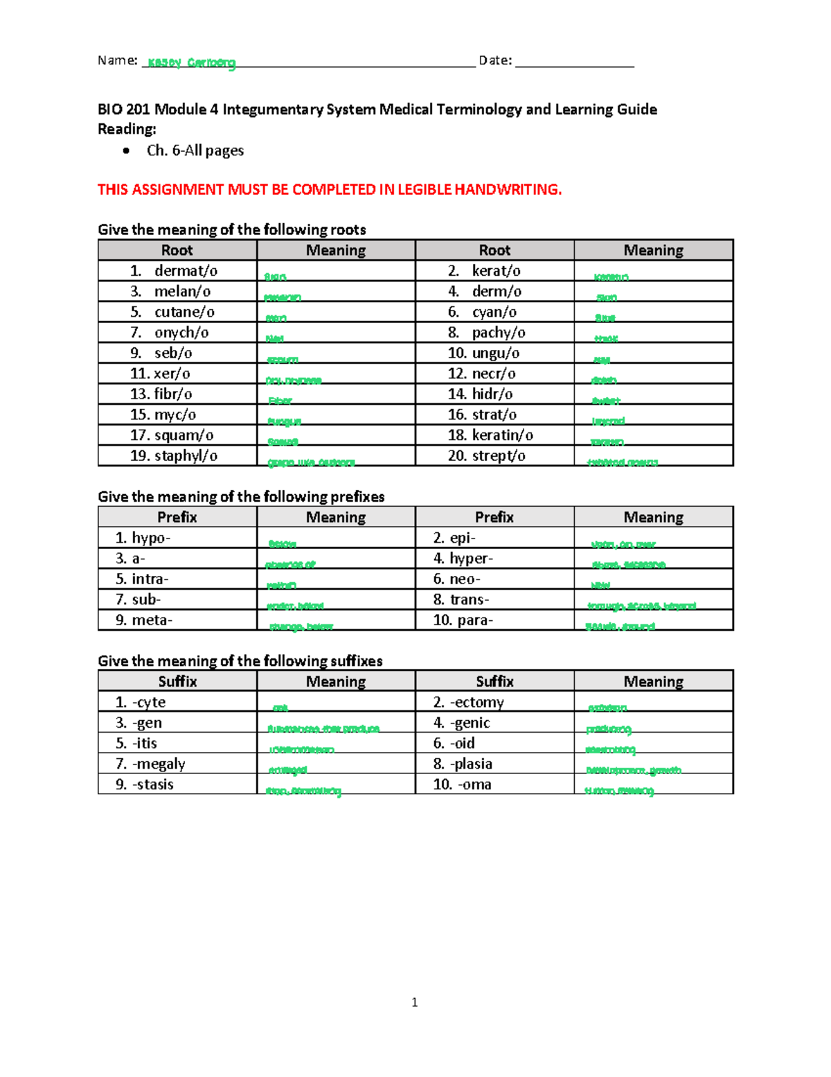 BIO 201 Module 4 Integumentary System Learning Guide and Terminology ...