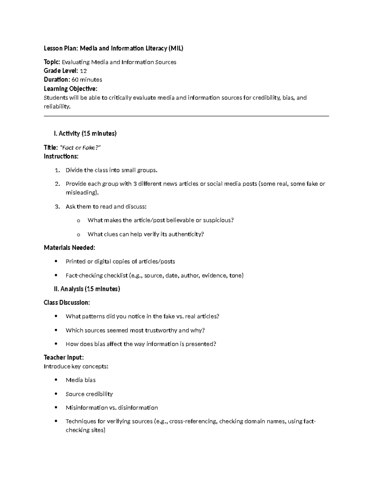 Lesson Plan: Evaluating Media & Info Sources (MIL) for Grade 12 - Studocu