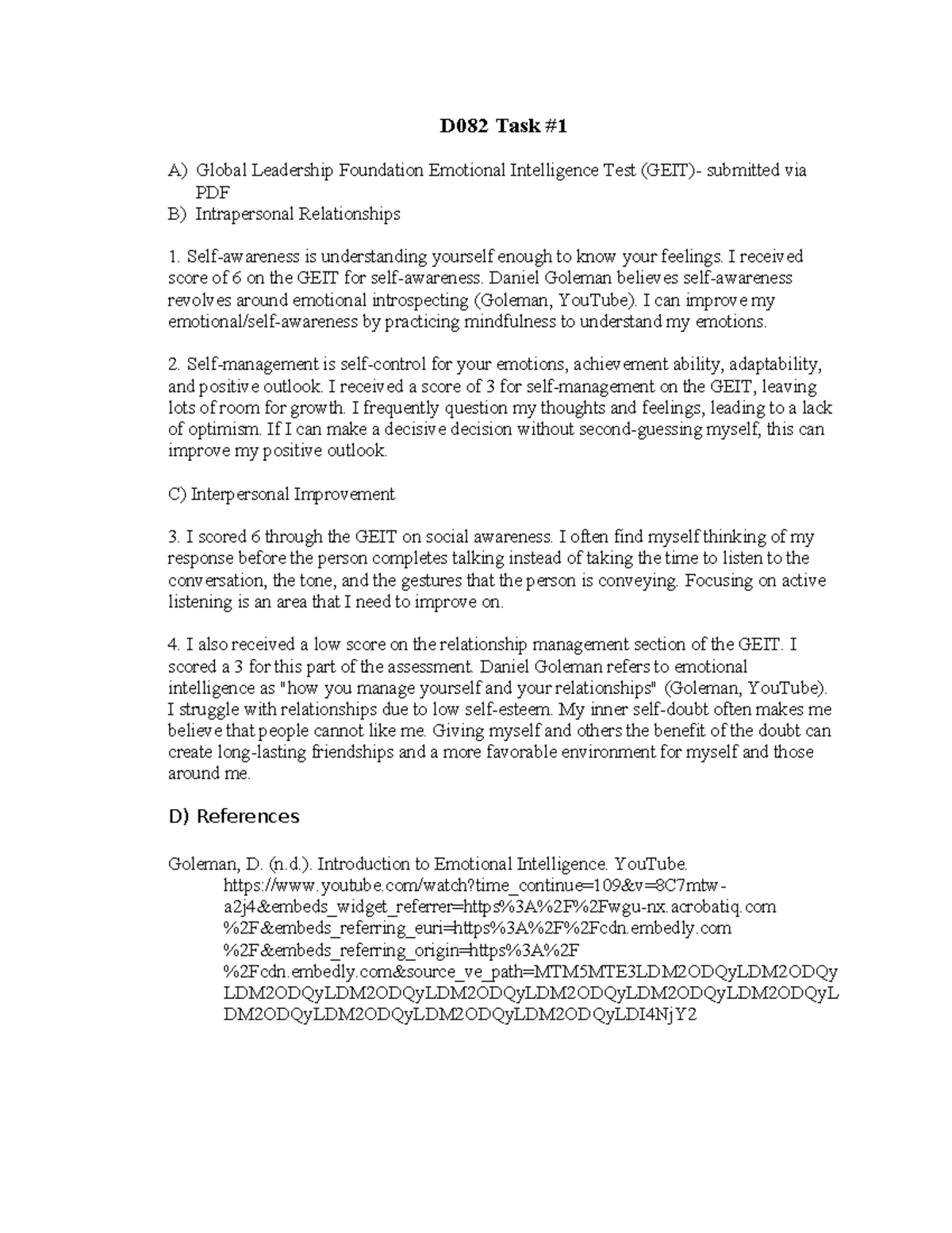 D082 Task 1 **PASSED - D082 Task A) Global Leadership Foundation ...