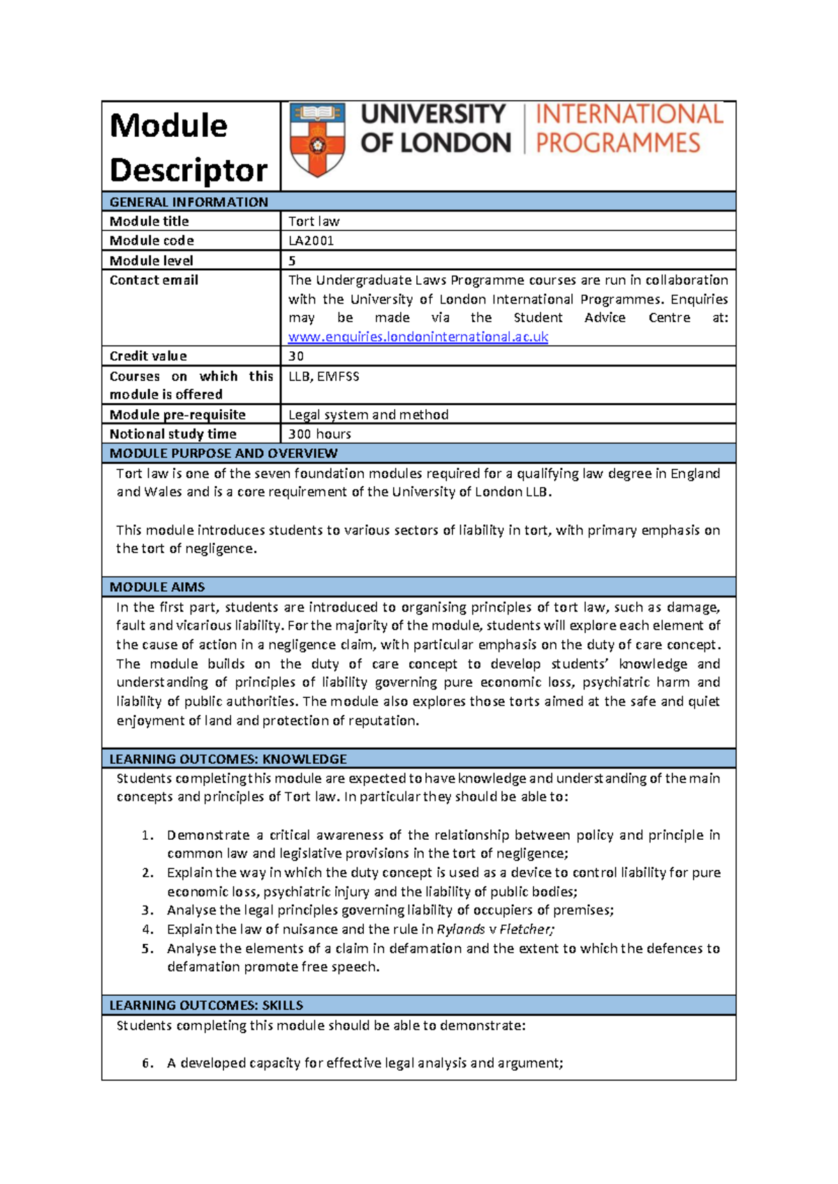 LA5 - Tort Law Module Descriptor Overview and Learning Outcomes - Studocu