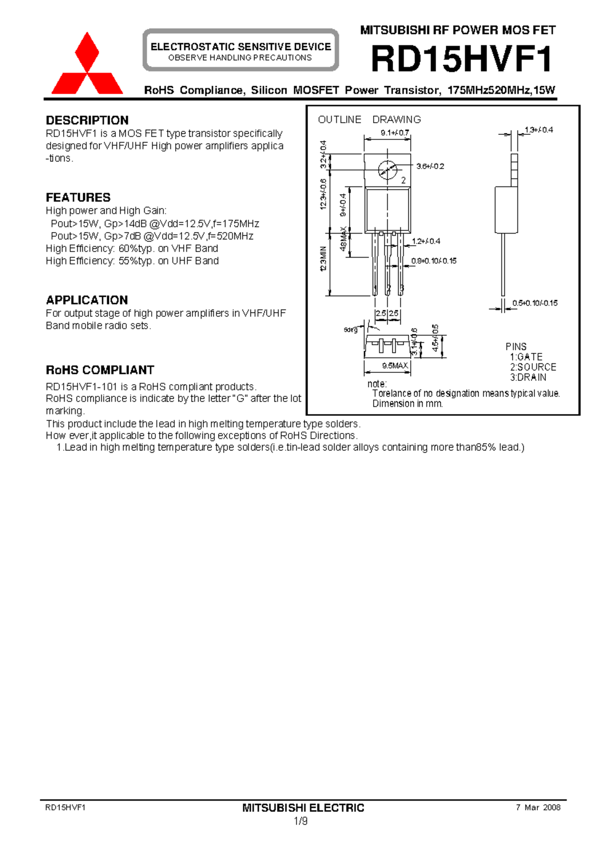 MITSUBISHI RD15HVF1 RF Power MOSFET Handling Precautions & Specs - Studocu