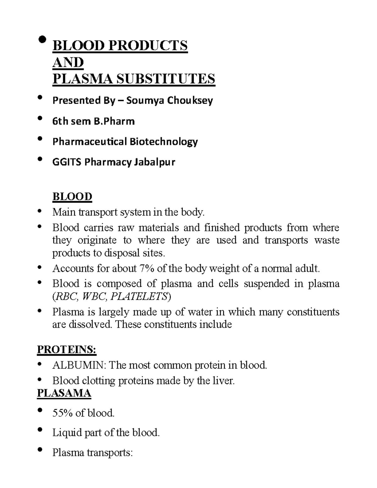 Biotechnology Notes on Blood Products & Plasma Substitutes - 6th Sem ...