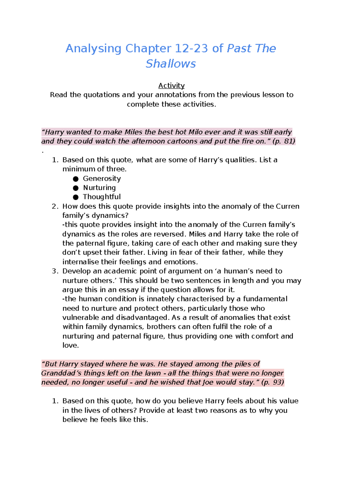 Analysing Chapters 12-23 of Past The Shallows: Insights & Themes - Studocu