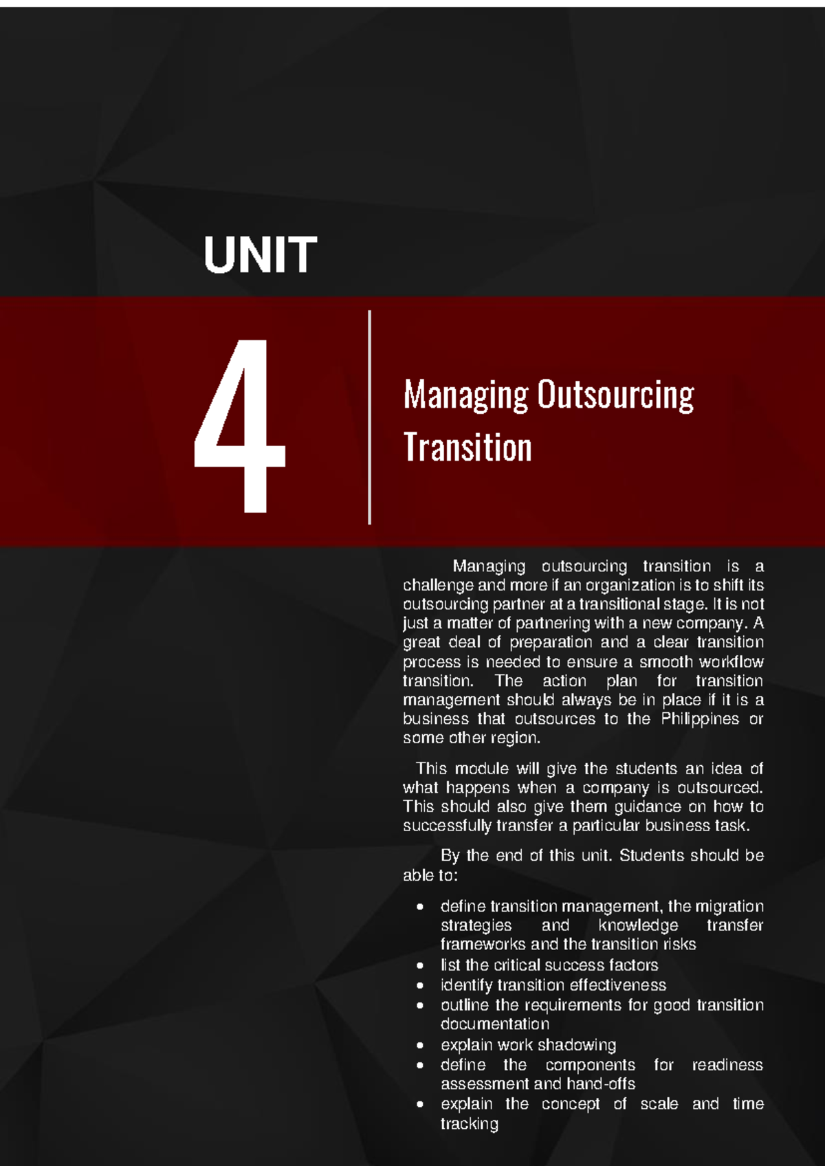 Unit 4 Lesson 1: Effective Strategies for Managing Outsourcing ...