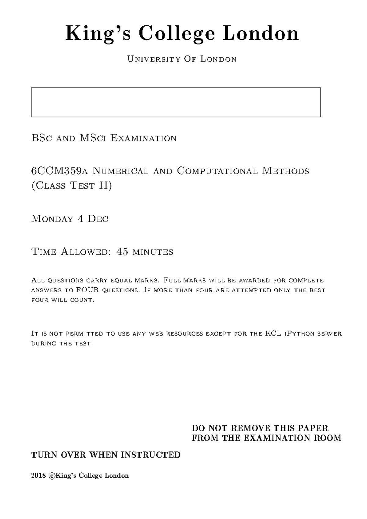 6CCM359a Numerical & Computational Methods Class Test II 2018 - Studocu