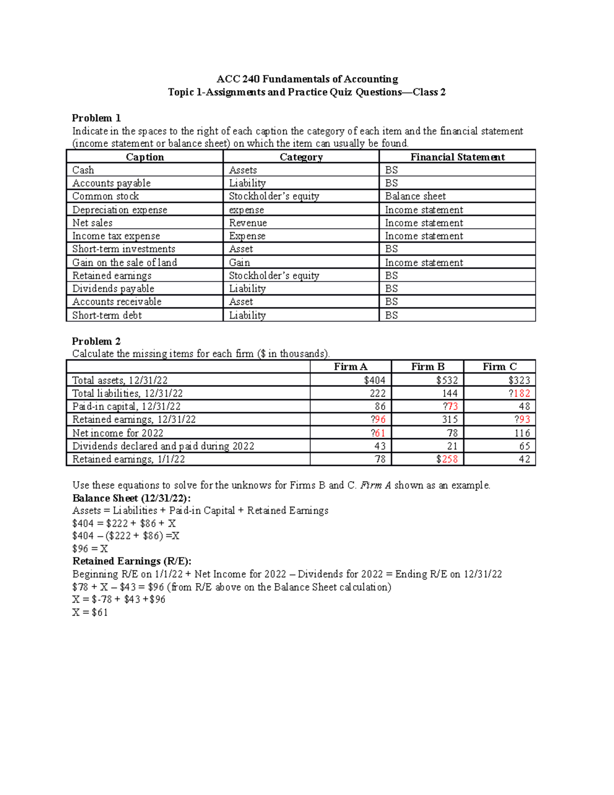 ACC 240-Topic 1-Assignments & Practice Quiz Questions Class 2 - Studocu