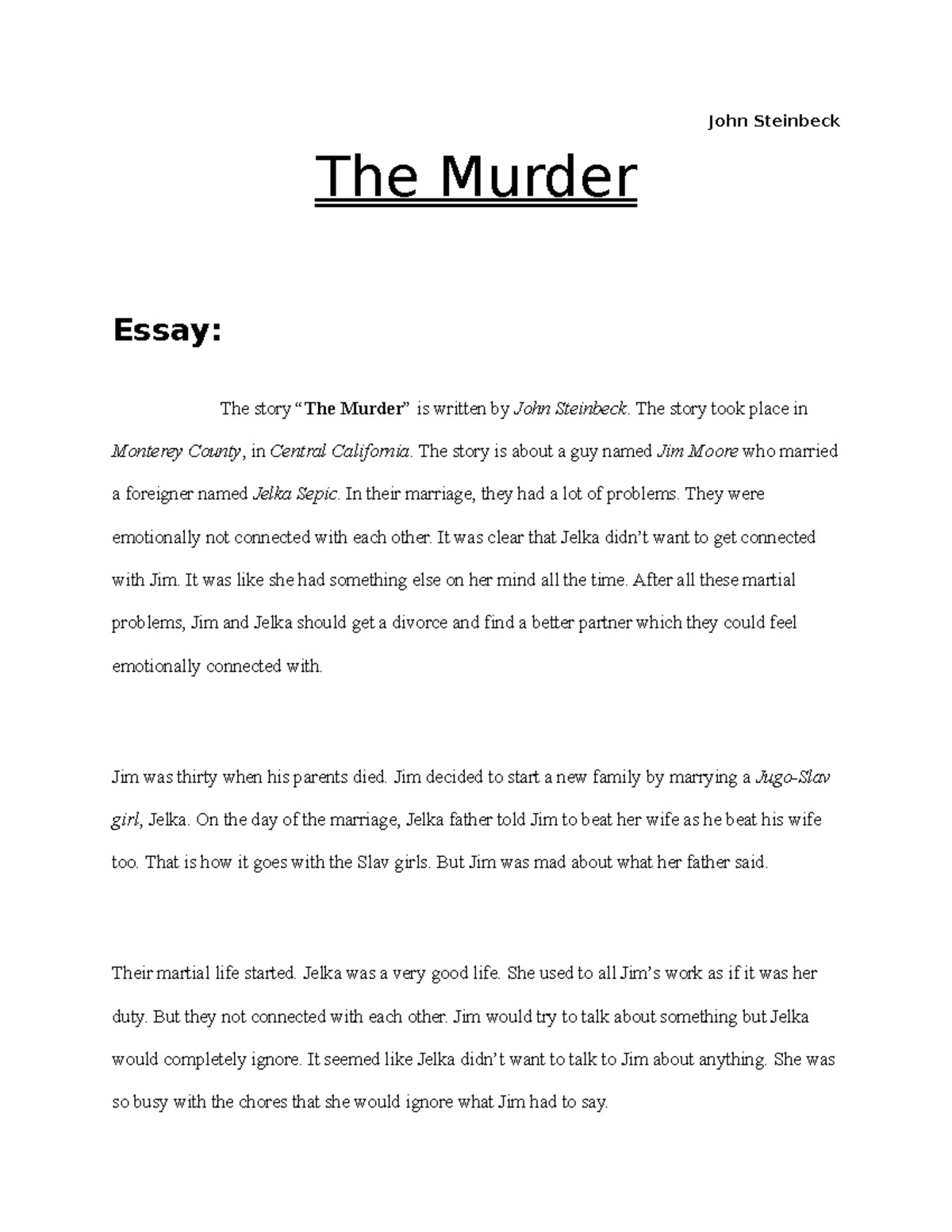 John Steinbeck's "The Murder" - Essay Summary Analysis - Studocu