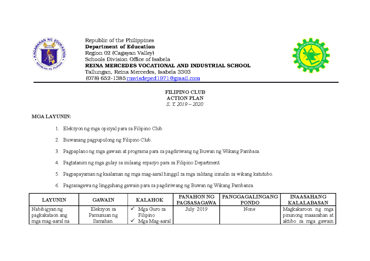 Action Plan for Filipino Club Activities S.Y. 2019-2020 - Studocu
