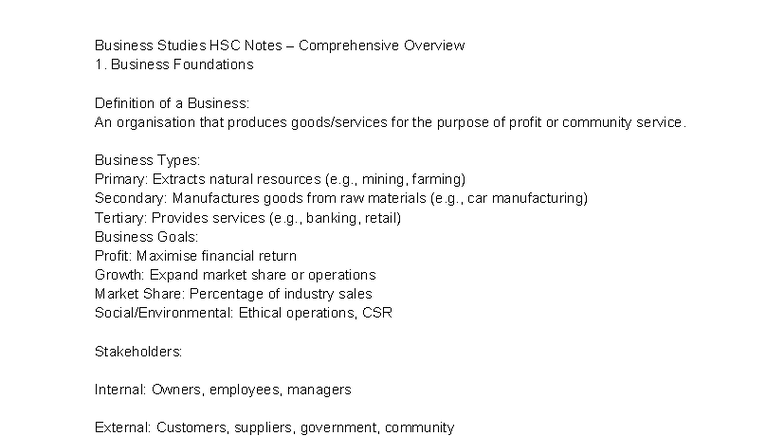 Business Studies HSC Notes: Comprehensive Overview & Key Concepts - Studocu