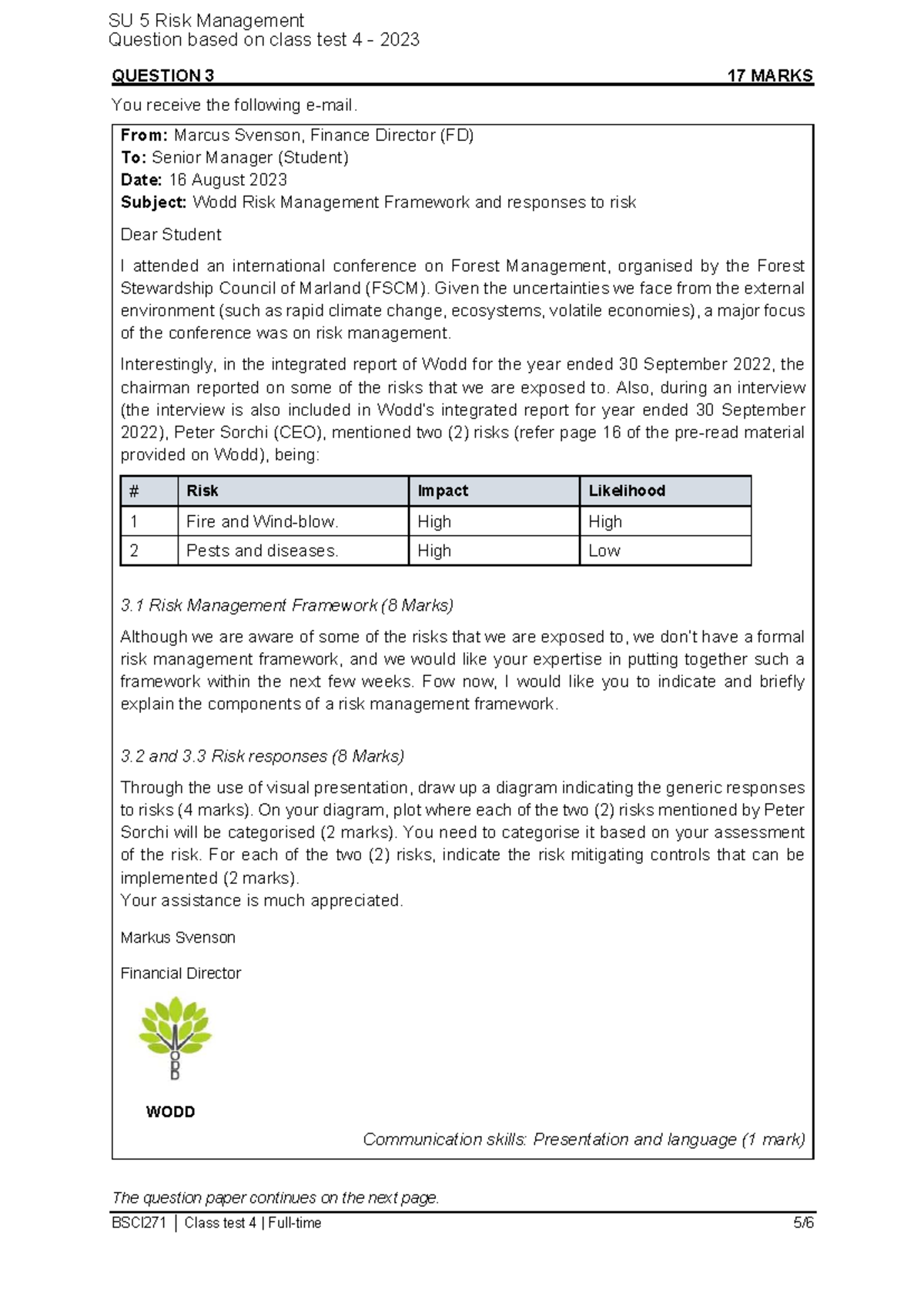 BSCI271 Risk Management Framework & Responses - Class Test 4 2023 - Studocu