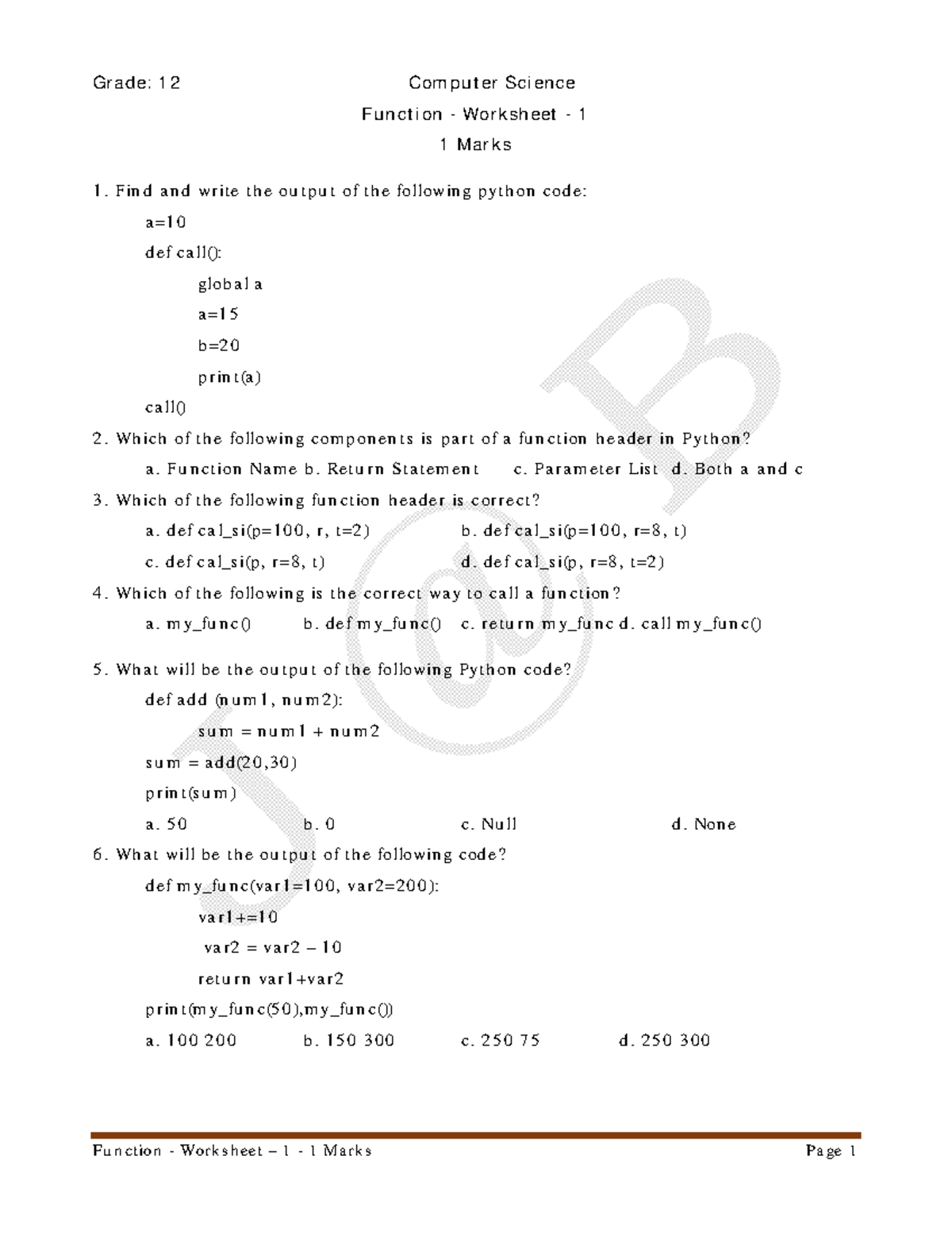 Function Worksheet 1 - Grade 12 Computer Science - 1 Marks - Studocu