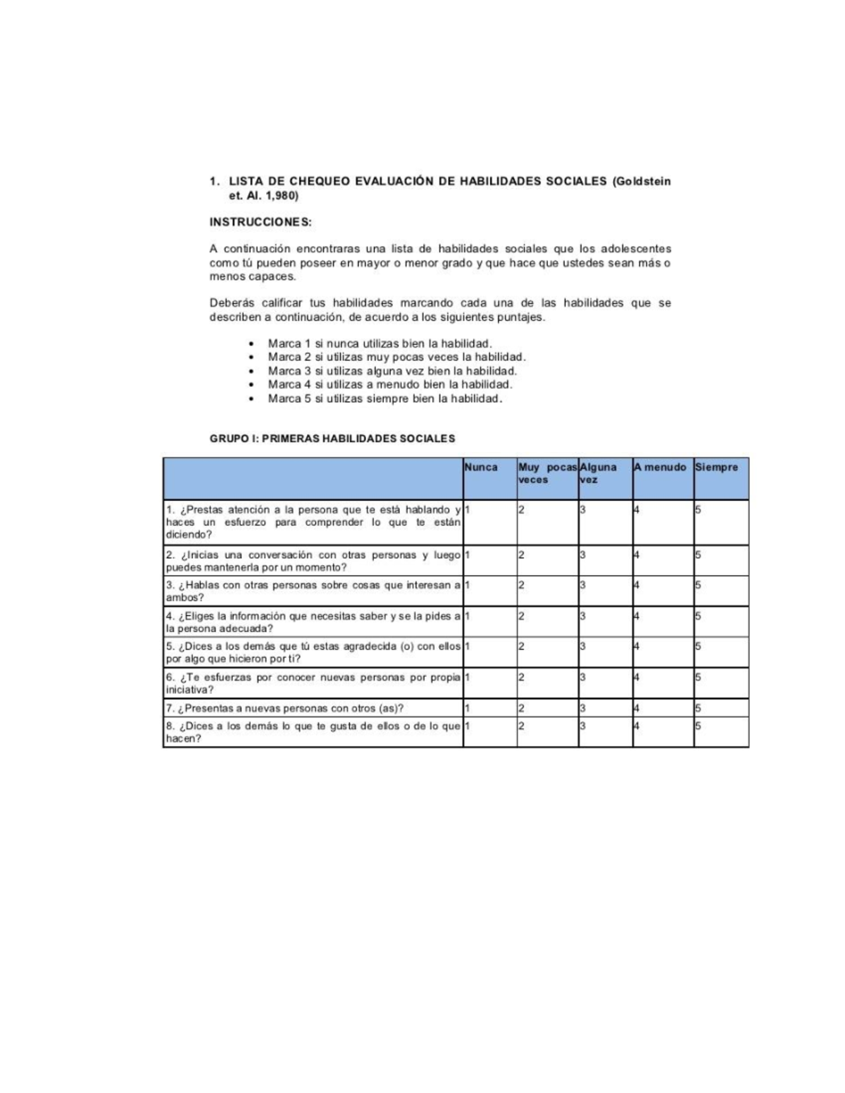 Test de Habilidades Sociales (Goldstein et al., 1980) - Evaluación y ...