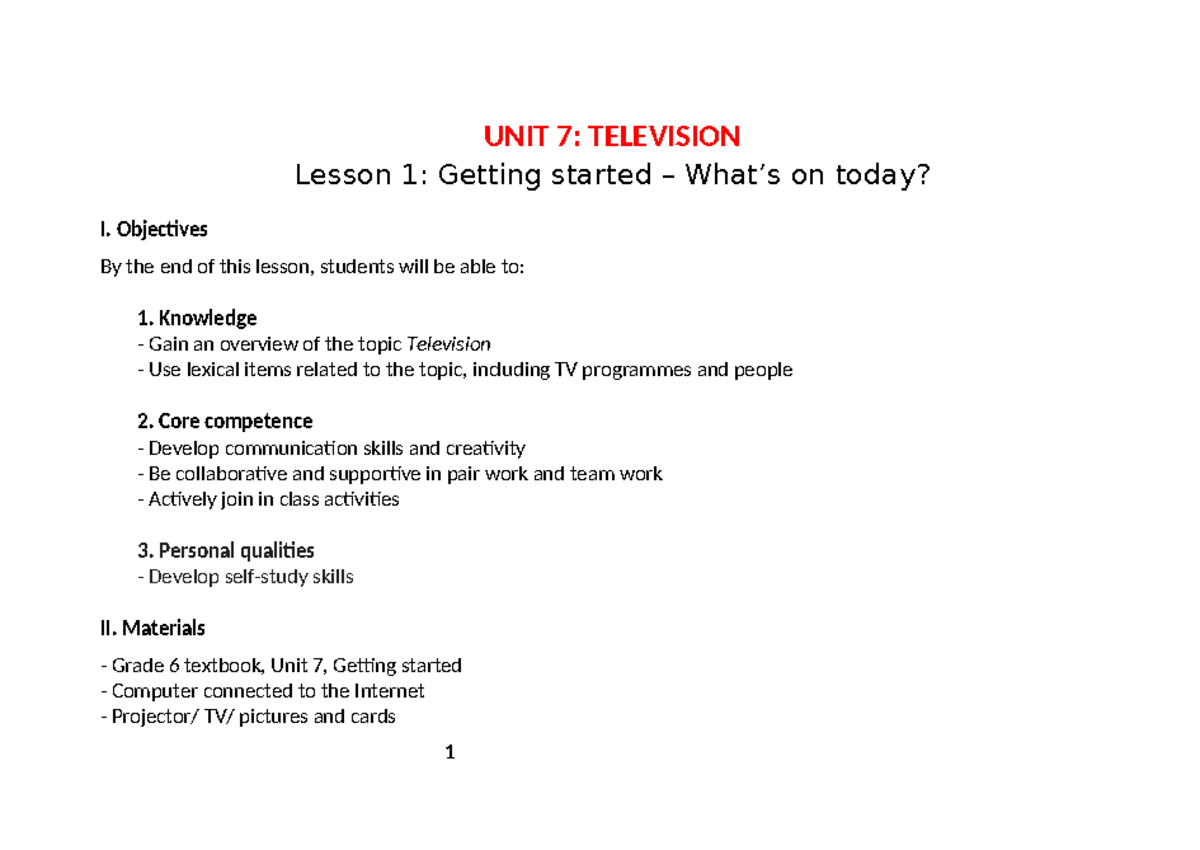 Unit 7: Television - Lesson Plan for Grade 6 - Studocu