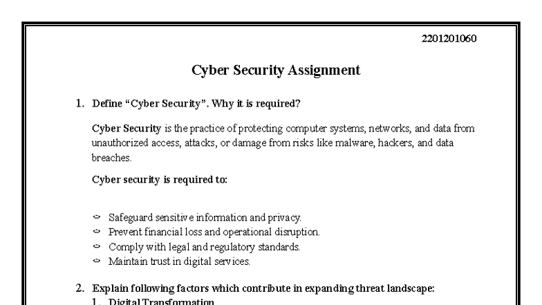 CS 2201201060 Cyber Security Assignment 1: Understanding Threats and - Studocu