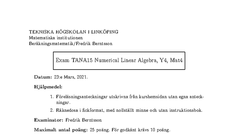 Exam TANA15 Numerical Linear Algebra - Tenta 23 Mars 2021 - Studocu