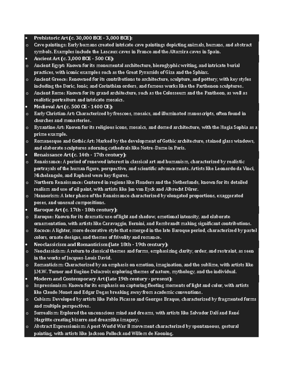Art History Lecture Notes: Overview from Prehistoric to Contemporary ...