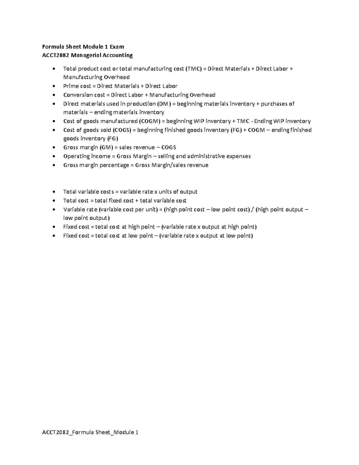 ACCT2082 Managerial Accounting Module 1 Exam Formula Sheet - Studocu