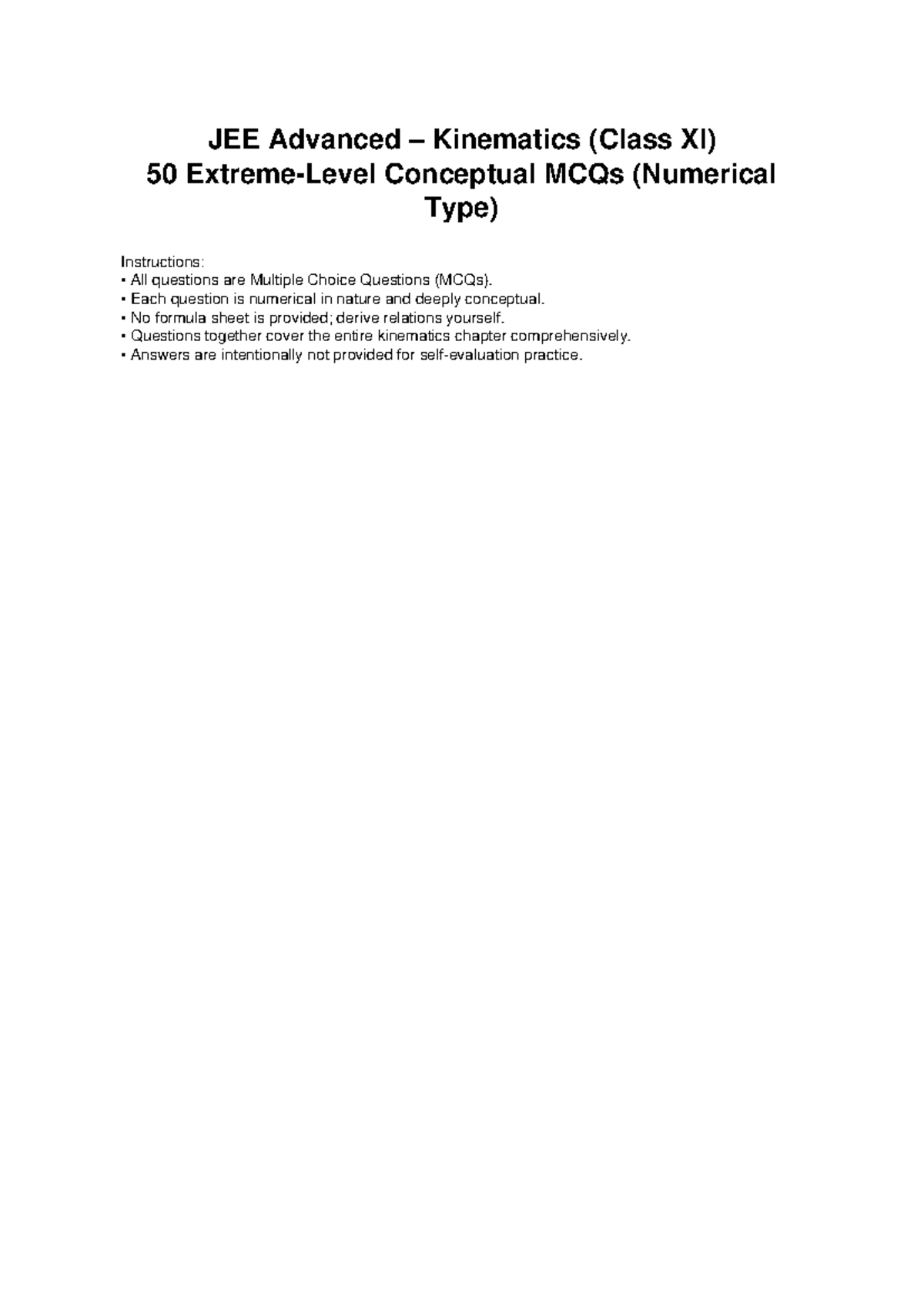 JEE Advanced Kinematics (Class XI) 50 Conceptual MCQs for Practice ...