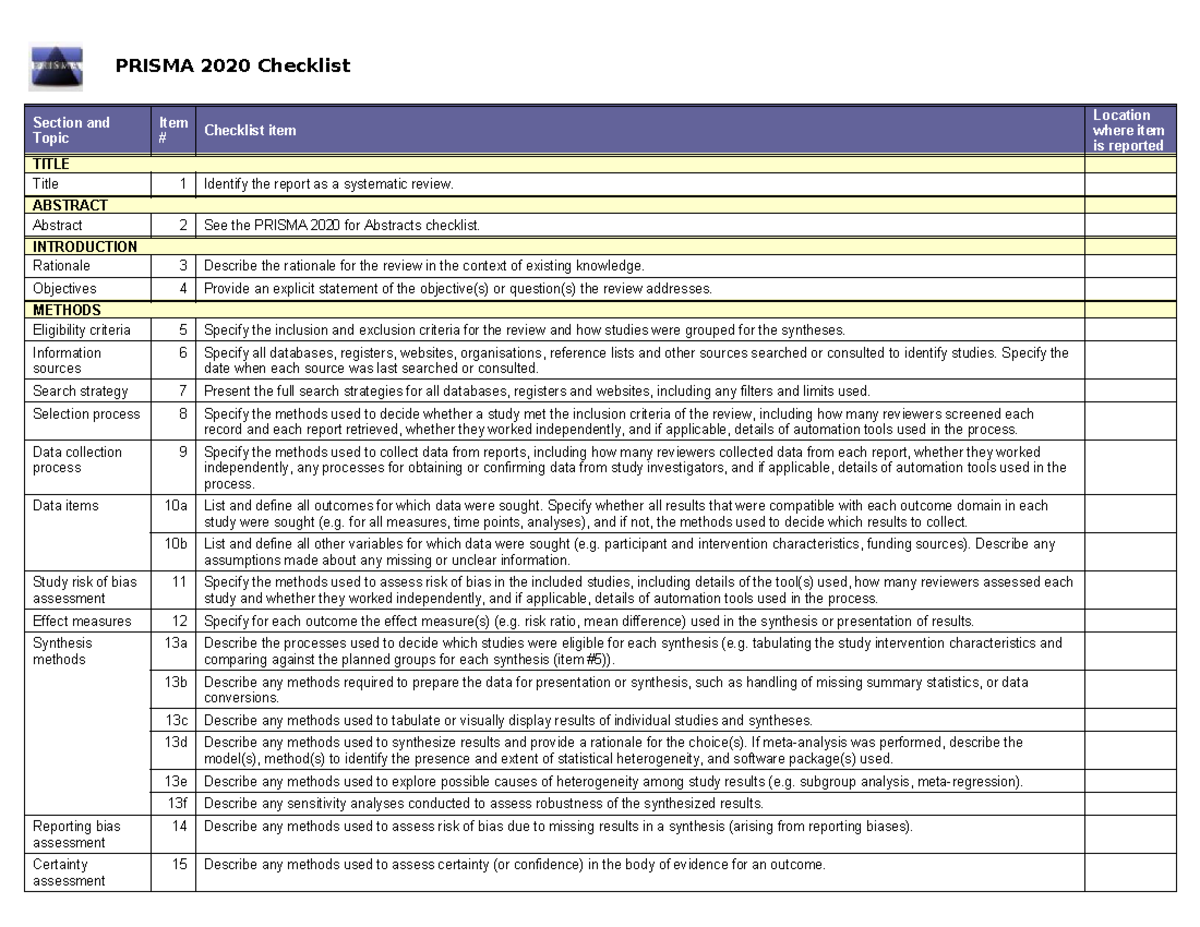 Prisma 2020 checklist - PRISMA 2020 Checklist Section and Topic Item ...