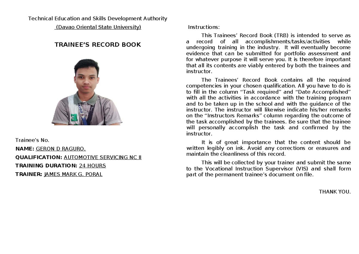 Automotive Servicing NC II Record Book - Davao Oriental State ...
