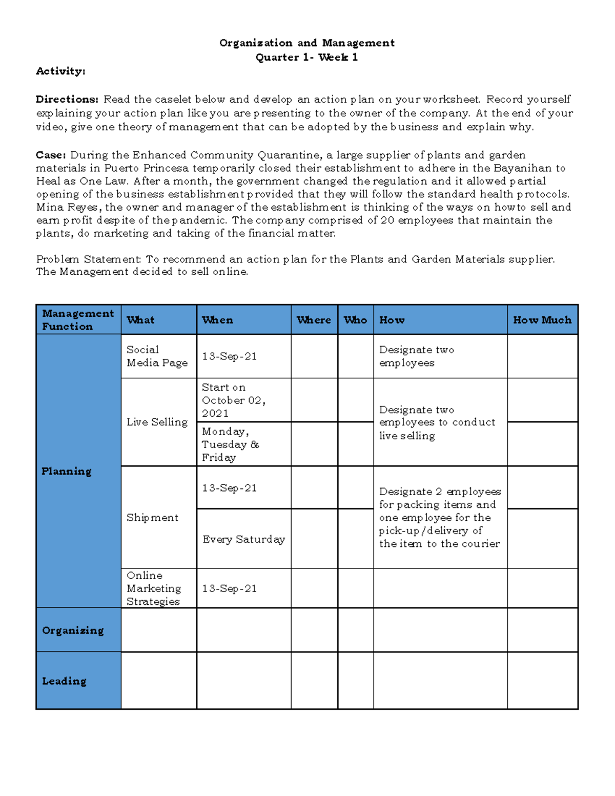 OM 101: Q1 Activity - Action Plan Development for Week 1 - Studocu