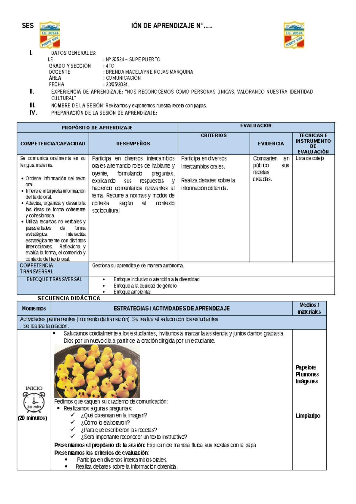 23-05 Sesión de Aprendizaje: Exposición de Recetas con Papa en Comunicación - Studocu