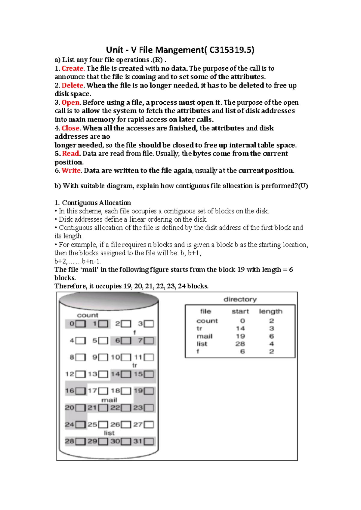Unit V File Management (C315319.5): File Operations & Allocation ...