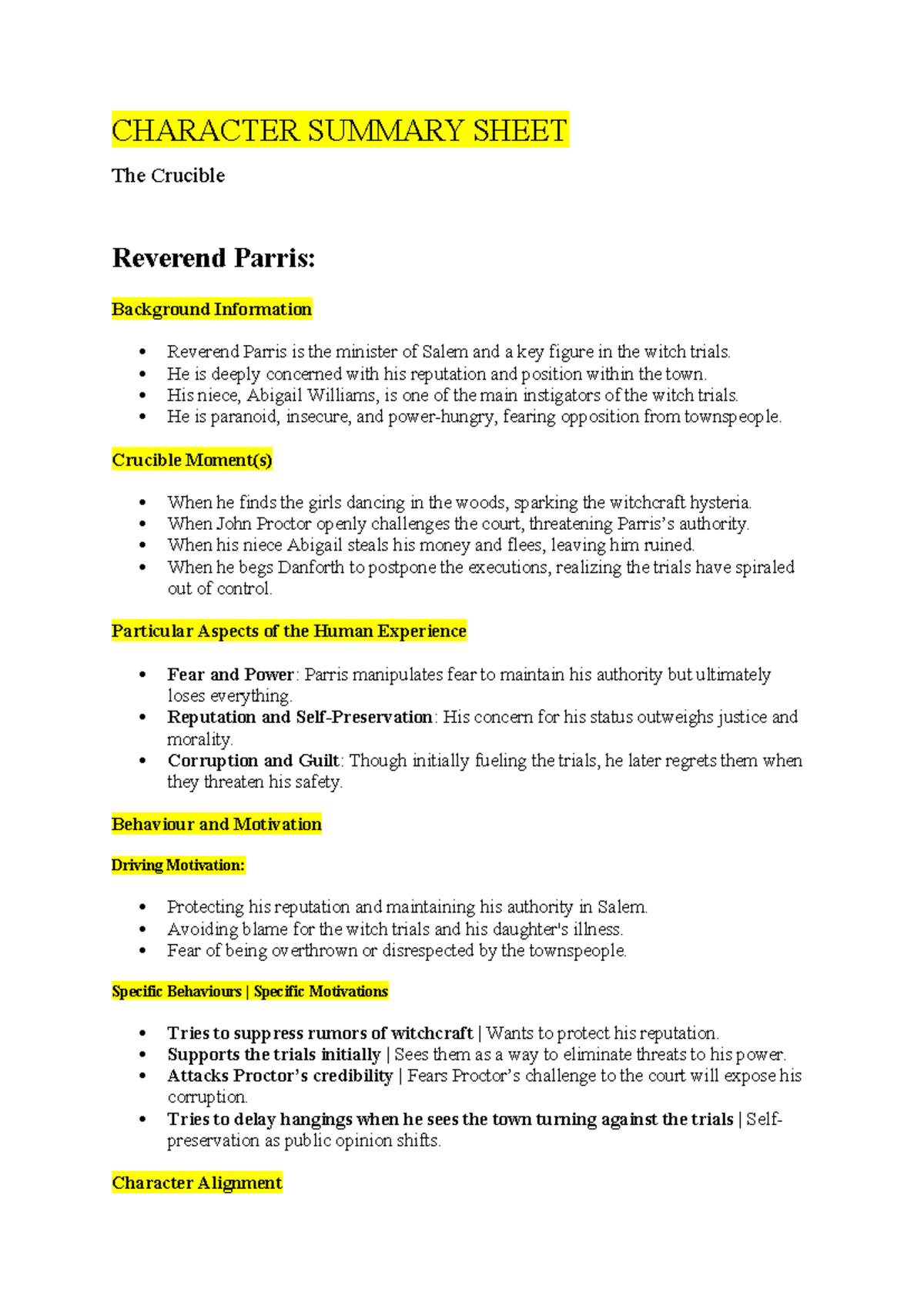 Crucible Character Notes - CHARACTER SUMMARY SHEET The Crucible ...