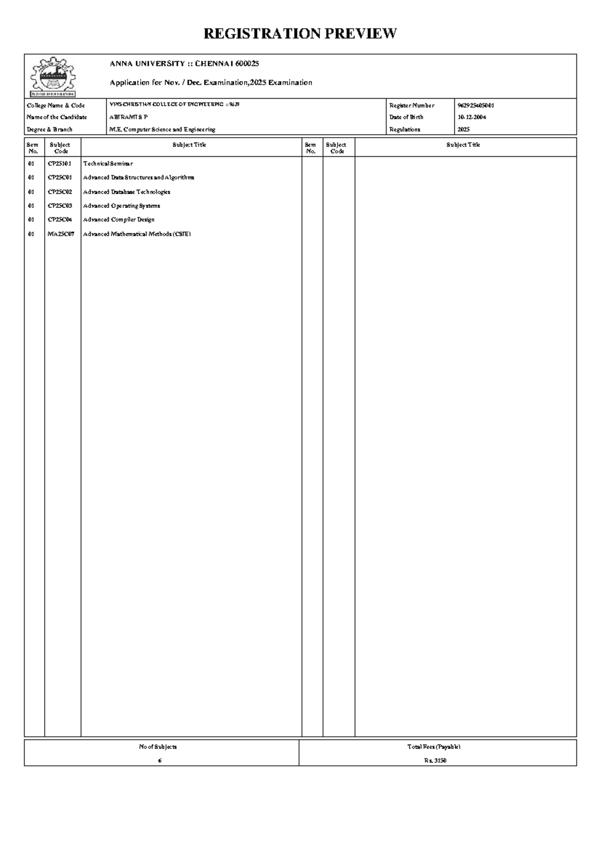 Anna University M.E. CSE Nov-Dec 2025 Exam Registration Preview - Studocu