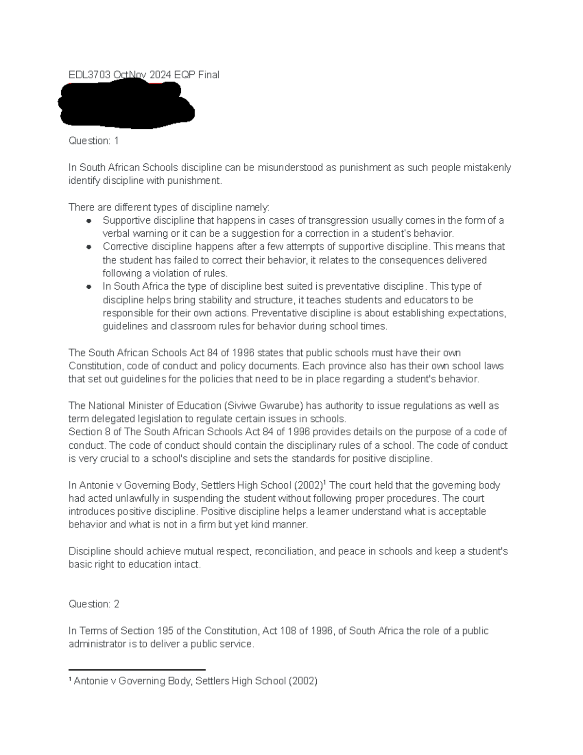 EDL3703 Oct-Nov 2024 - Final Exam Summary on Education Law Issues - Studocu