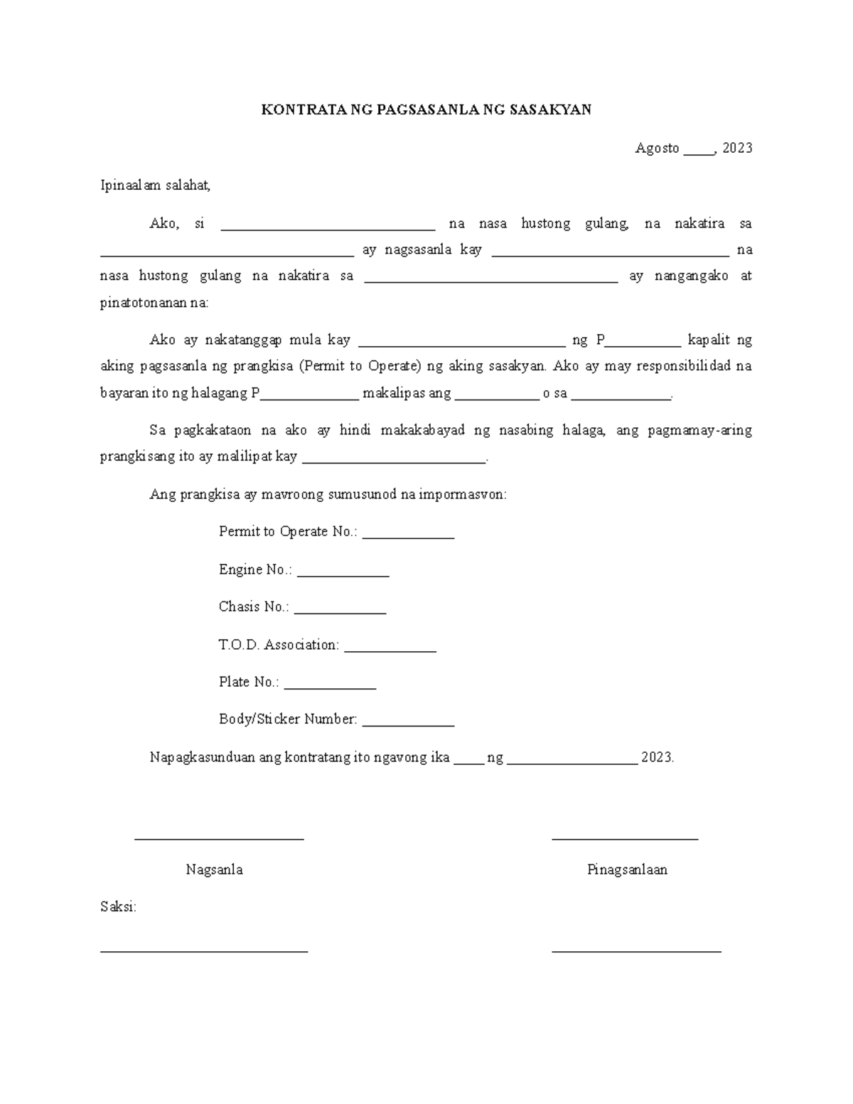 Kontrata ng Pagsasanla ng Sasakyan - Agosto 2023 - Studocu
