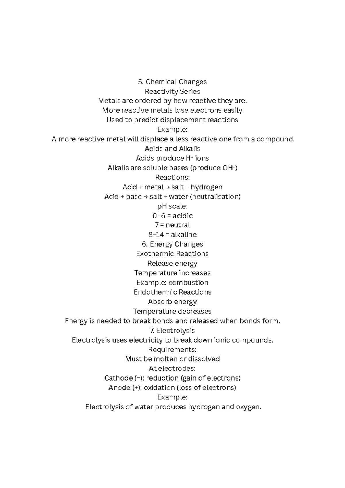 GCSE Science CP1 Summary: Chemical Changes & Energy Reactions - Studocu
