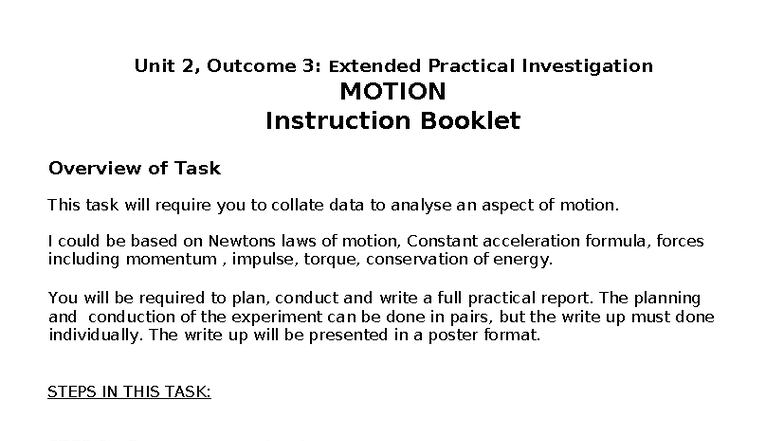 Unit 2, Outcome 3: Practical Investigation on Motion 2025 - Studocu