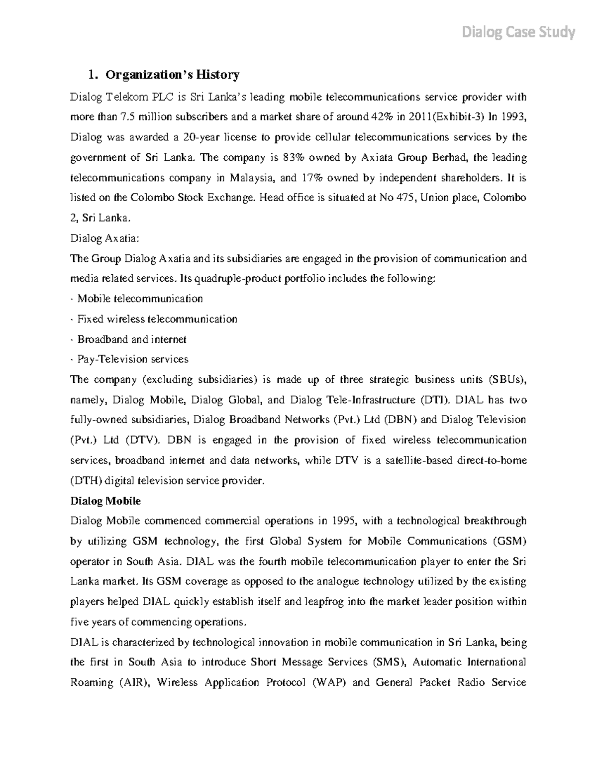 Dialog Case Study Analysis: Final Report on Telecom Strategy - Studocu