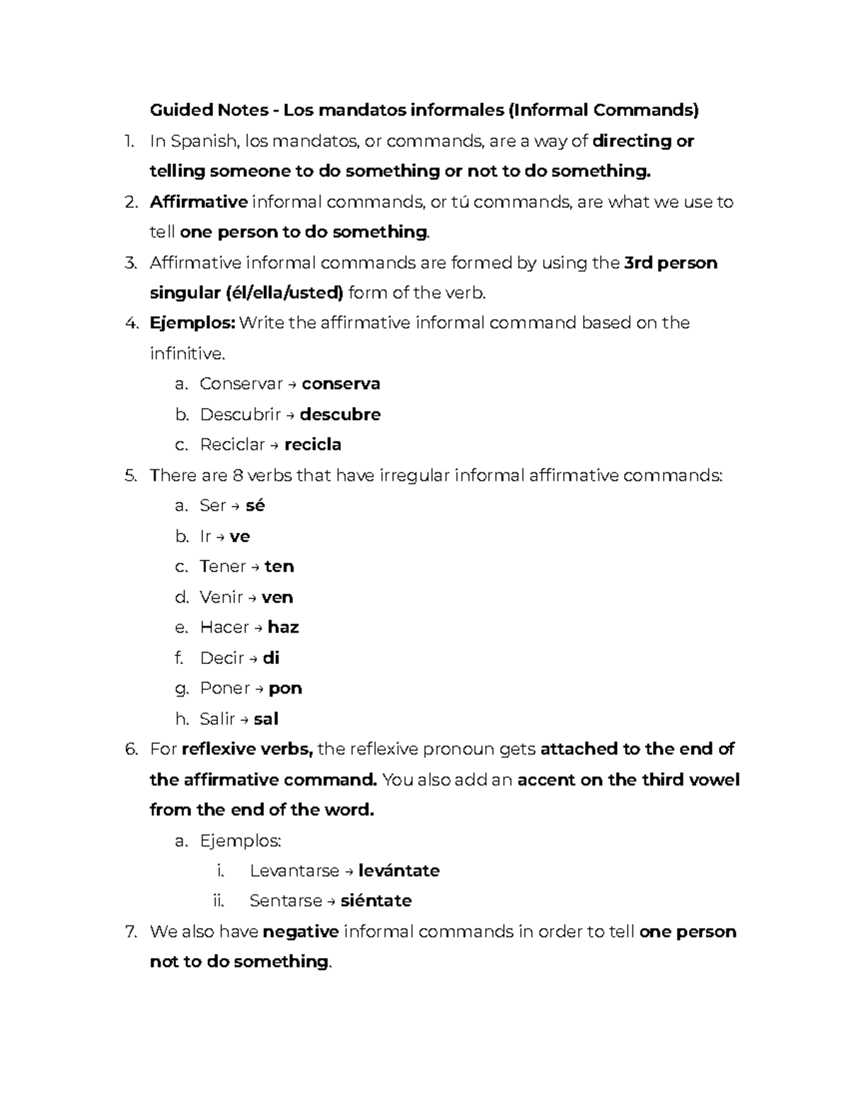 Sp. 3R Guided Notes: Informal Commands (Affirmative & Negative) - Studocu