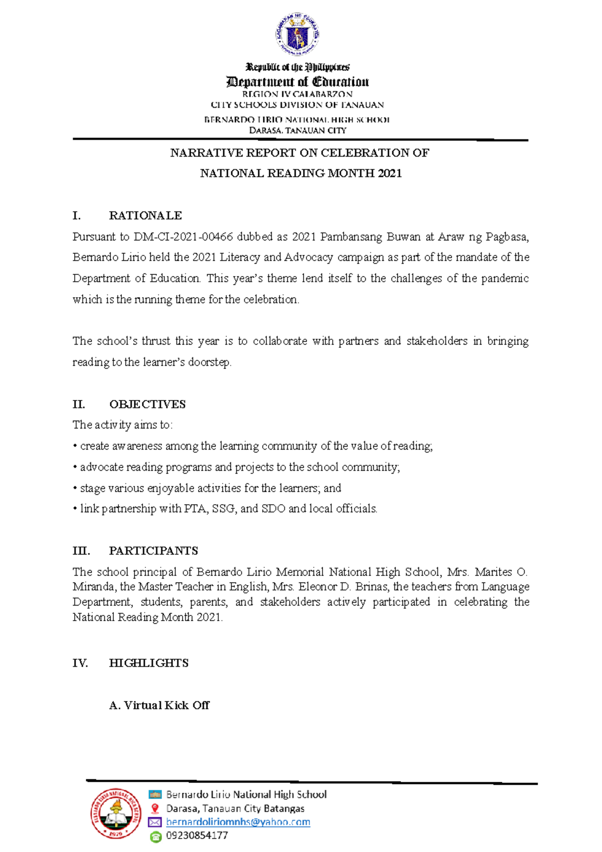 NRM Narrative - Brief summary of National Reading Month - NARRATIVE ...