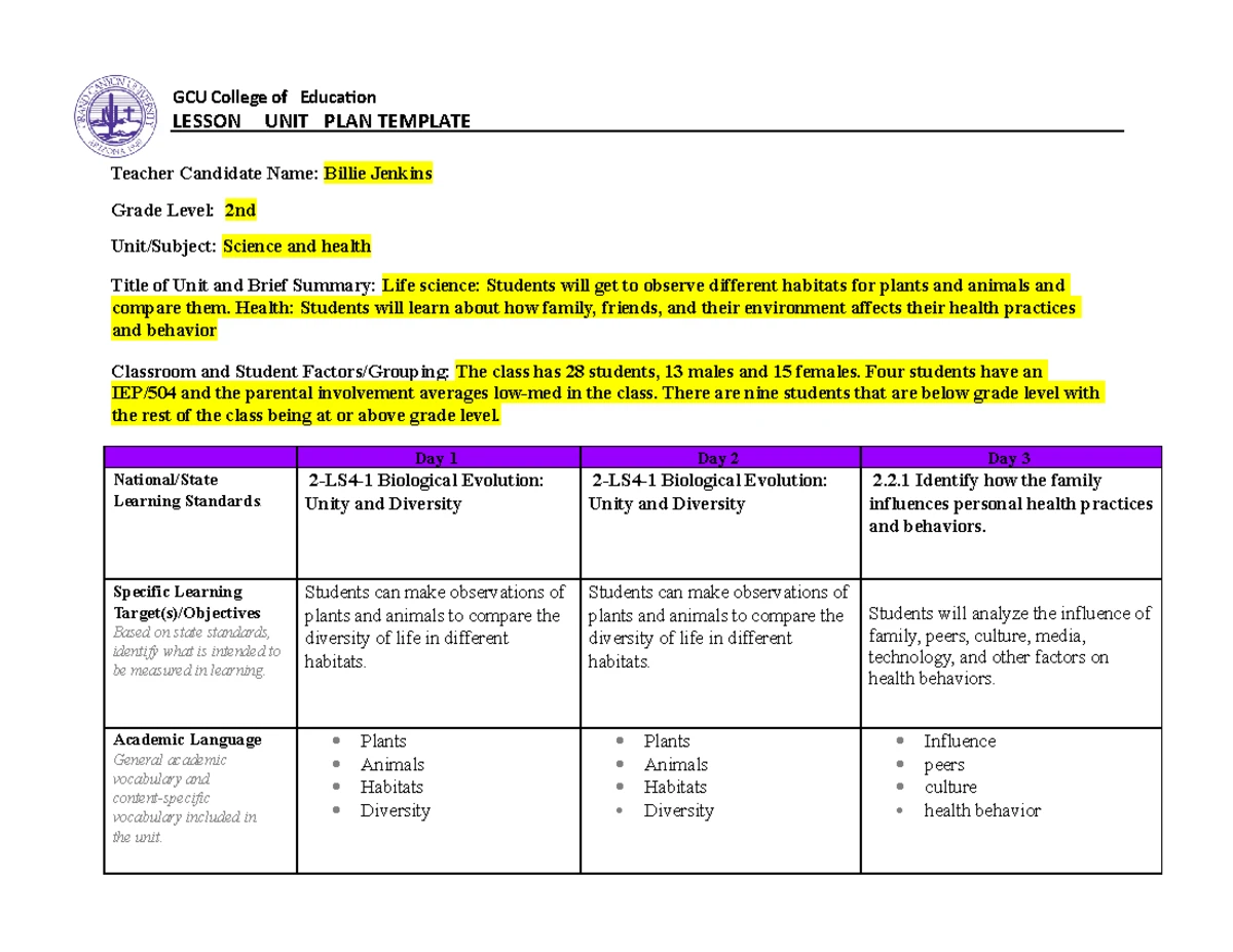 ELM-361 Topic 7 Benchmark - Kindergarten Science & Health Unit Plan ...