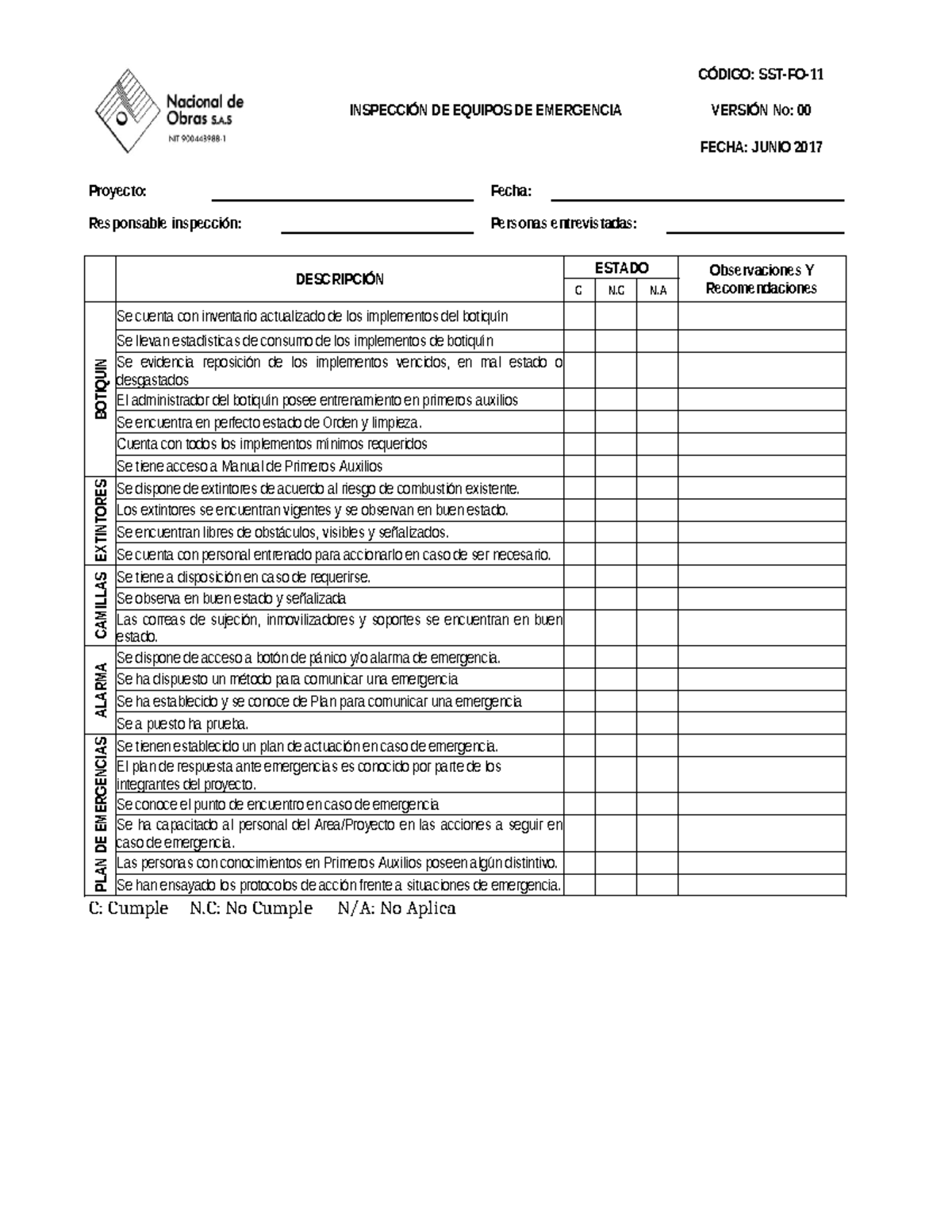 Anexo 37. SST-FO-11. Inspeccion Equipos DE Emergencia - Proyecto: Fecha: Responsable inspección ...
