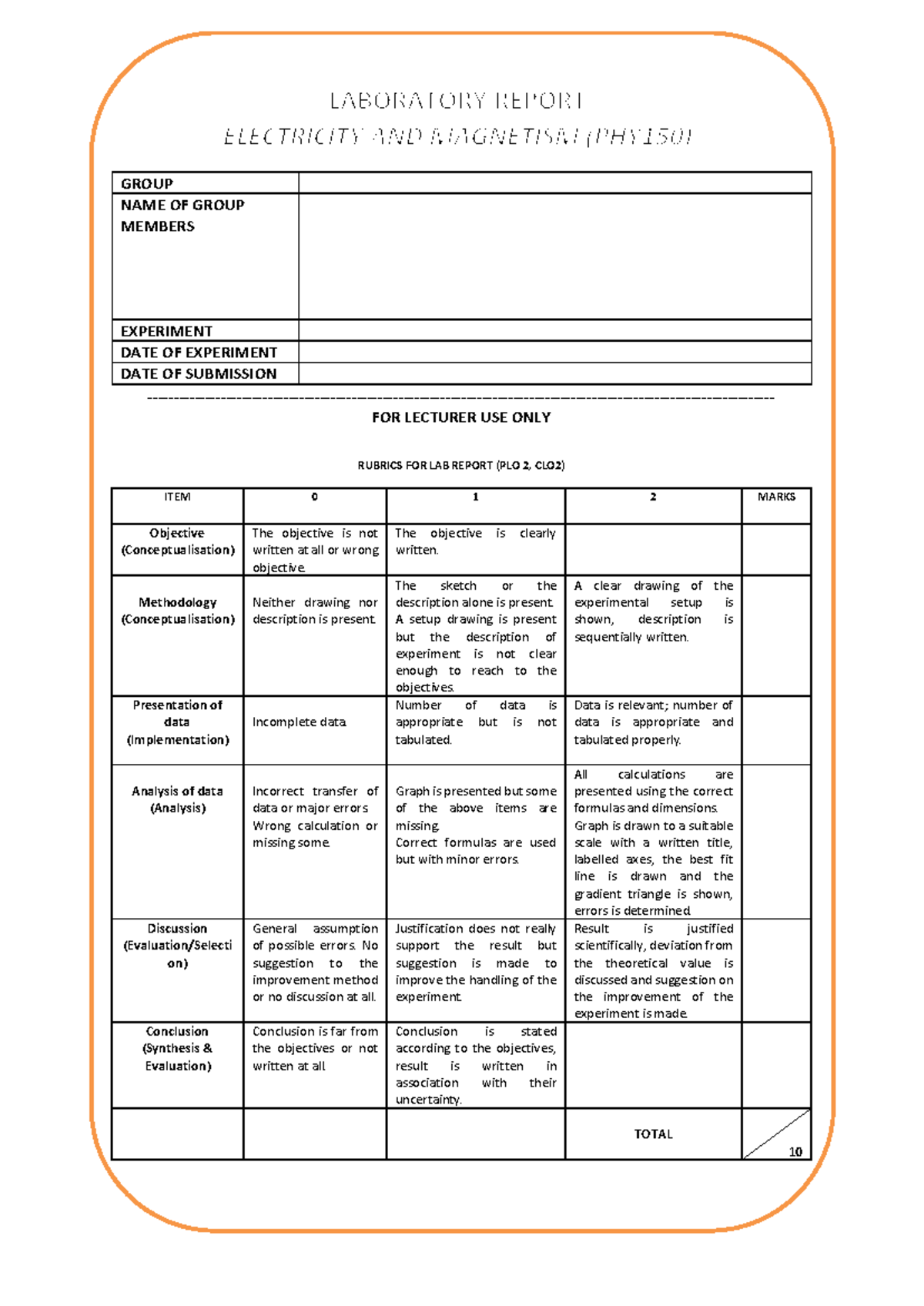 Lab Report Rubric Analysis (PLO 2, CLO 2) - Group Experiment Evaluation ...