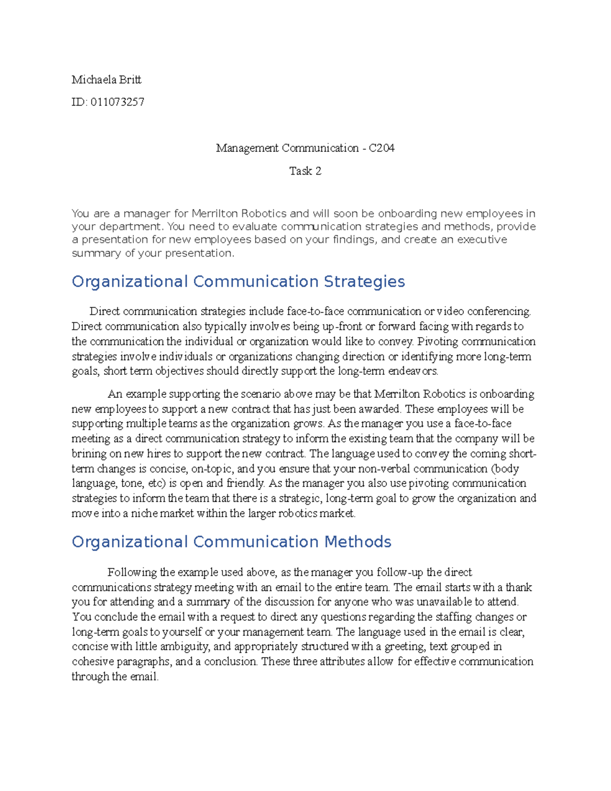 Communications Task2 - Michaela Britt ID: 011073257 Management ...