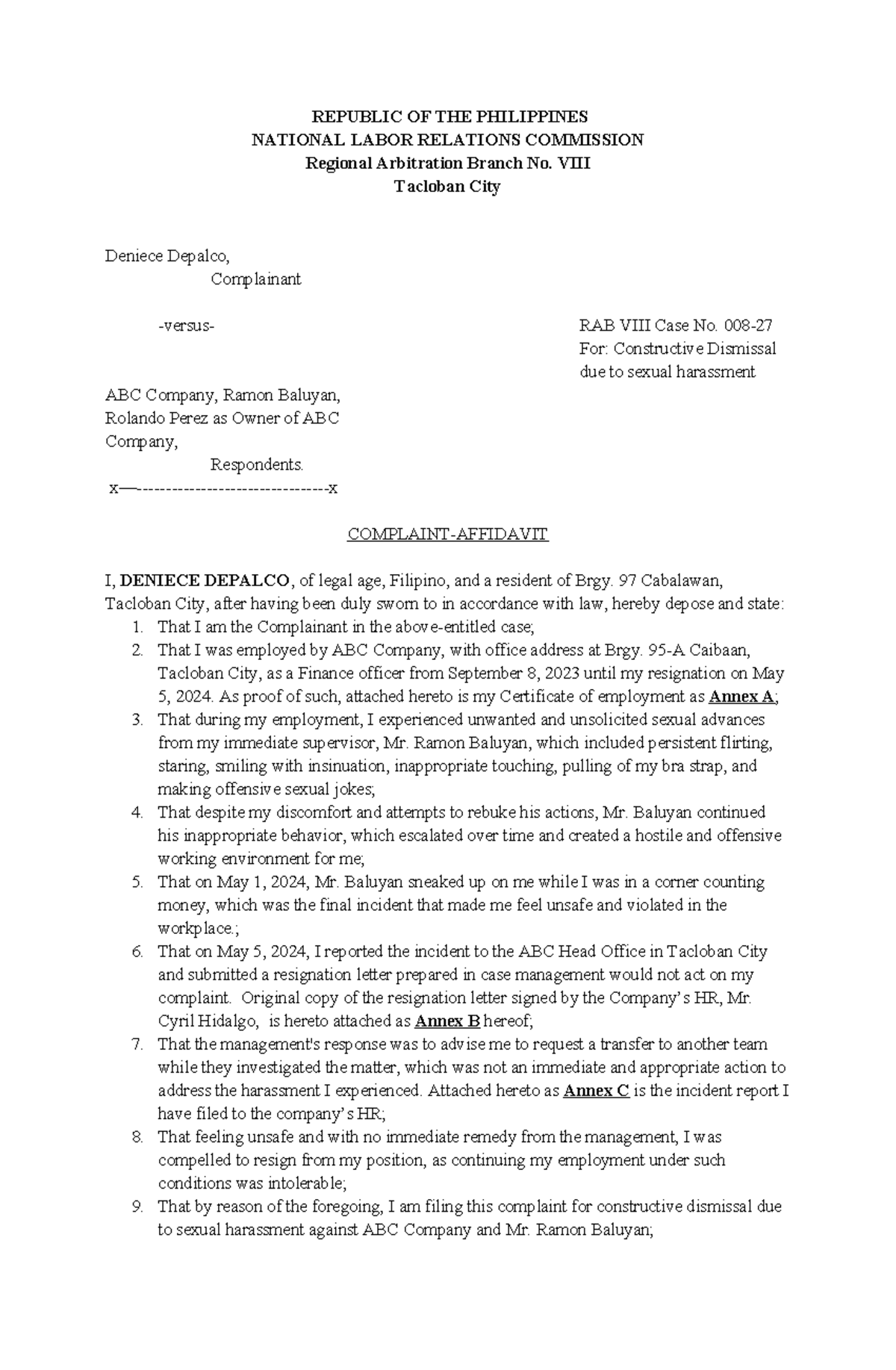Labor Law Complaint-Affidavit for Constructive Dismissal Case No. 008 ...