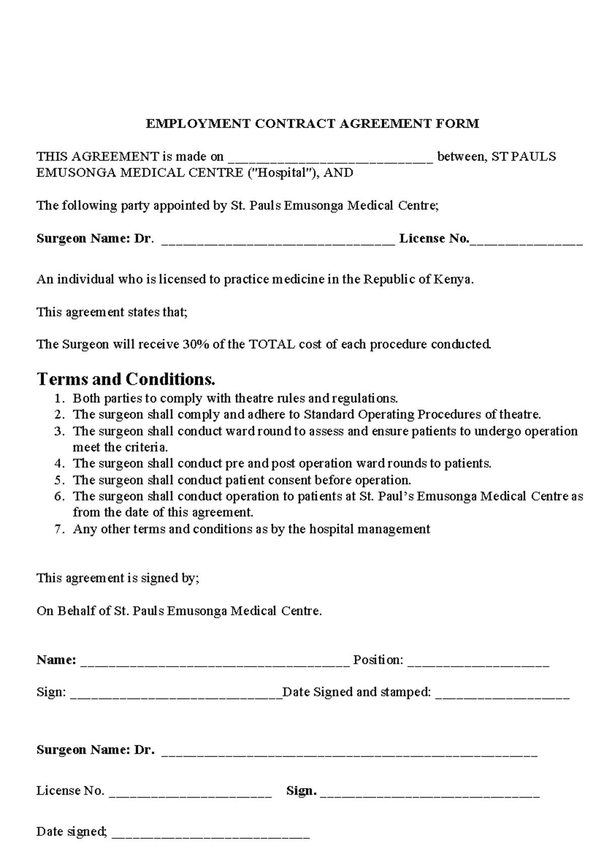 EMPLOYMENT CONTRACT AGREEMENT FORM - ST PAULS EMUSONGA MEDICAL CENTRE ...