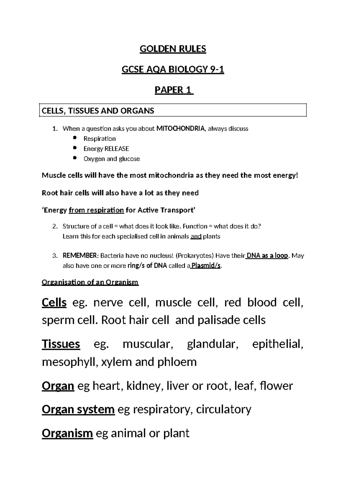 GCSE AQA Biology Paper 1: Key Concepts on Cells, Tissues & Organs - Studocu