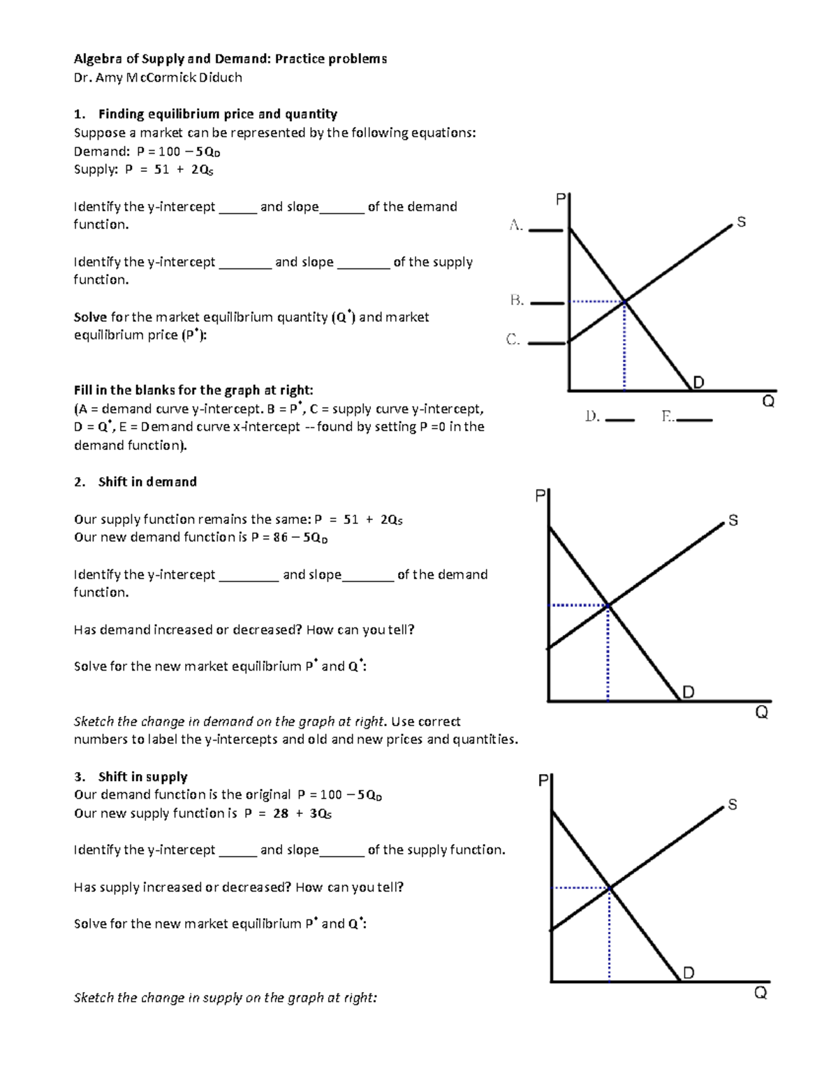 Algebra of Supply & Demand: Practice Problems for ECON 101 - Studocu