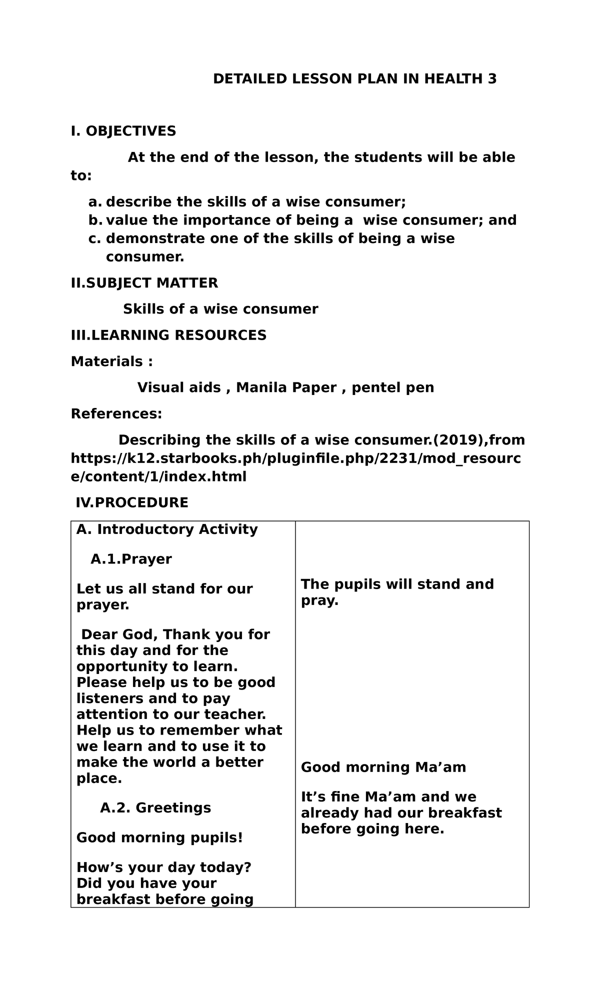 Lesson Plan in Health 3 - ....... - DETAILED LESSON PLAN IN HEALTH 3 I ...