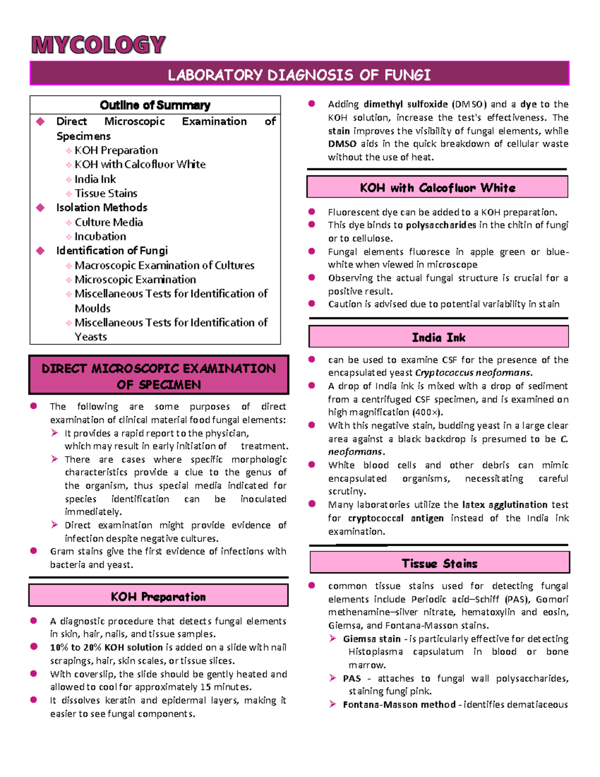 Mycology - Laboratory Diagnosis of Fungi - The following are some ...