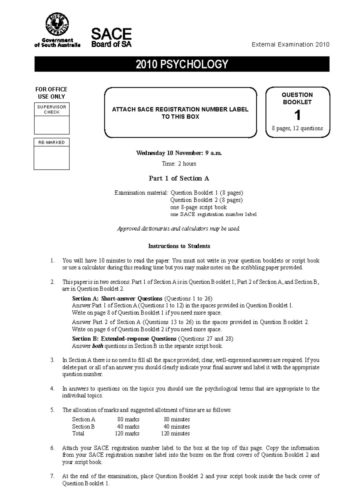 Psychology 2010 - External Examination Question Booklet - Studocu
