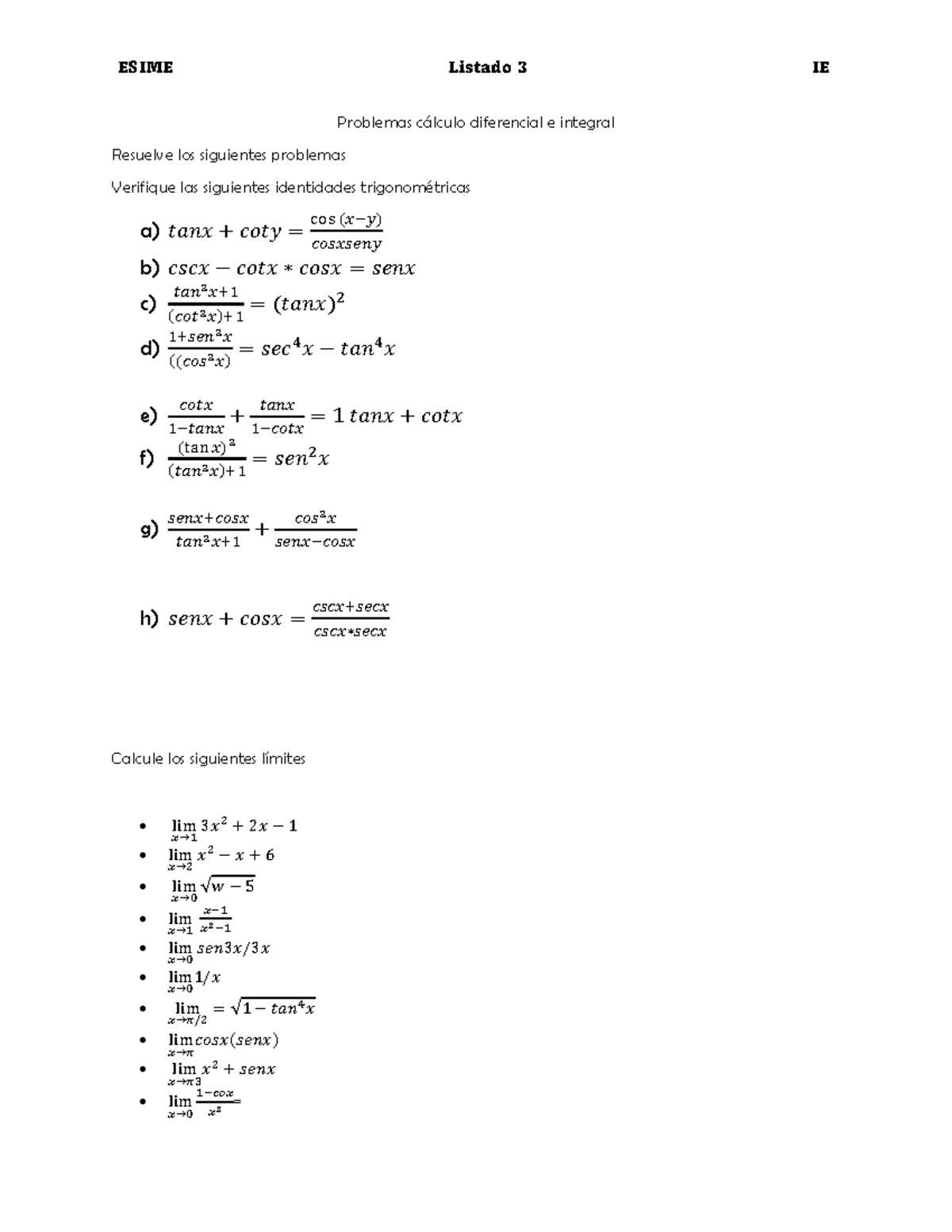 ESIME Cálculo Diferencial e Integral - Problemas Lista III - Studocu