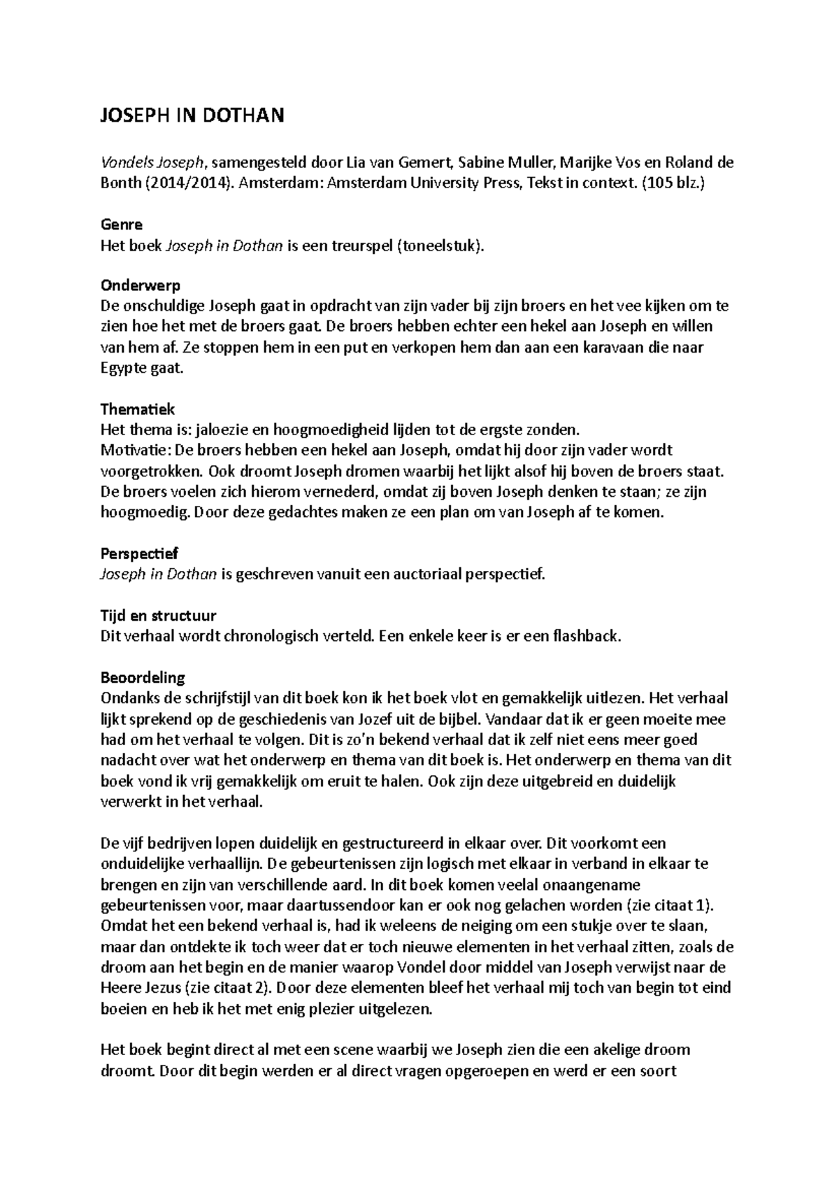 Boekverslag: Joseph in Dothan (Vondel) - Thematiek en Analyse - Studeersnel