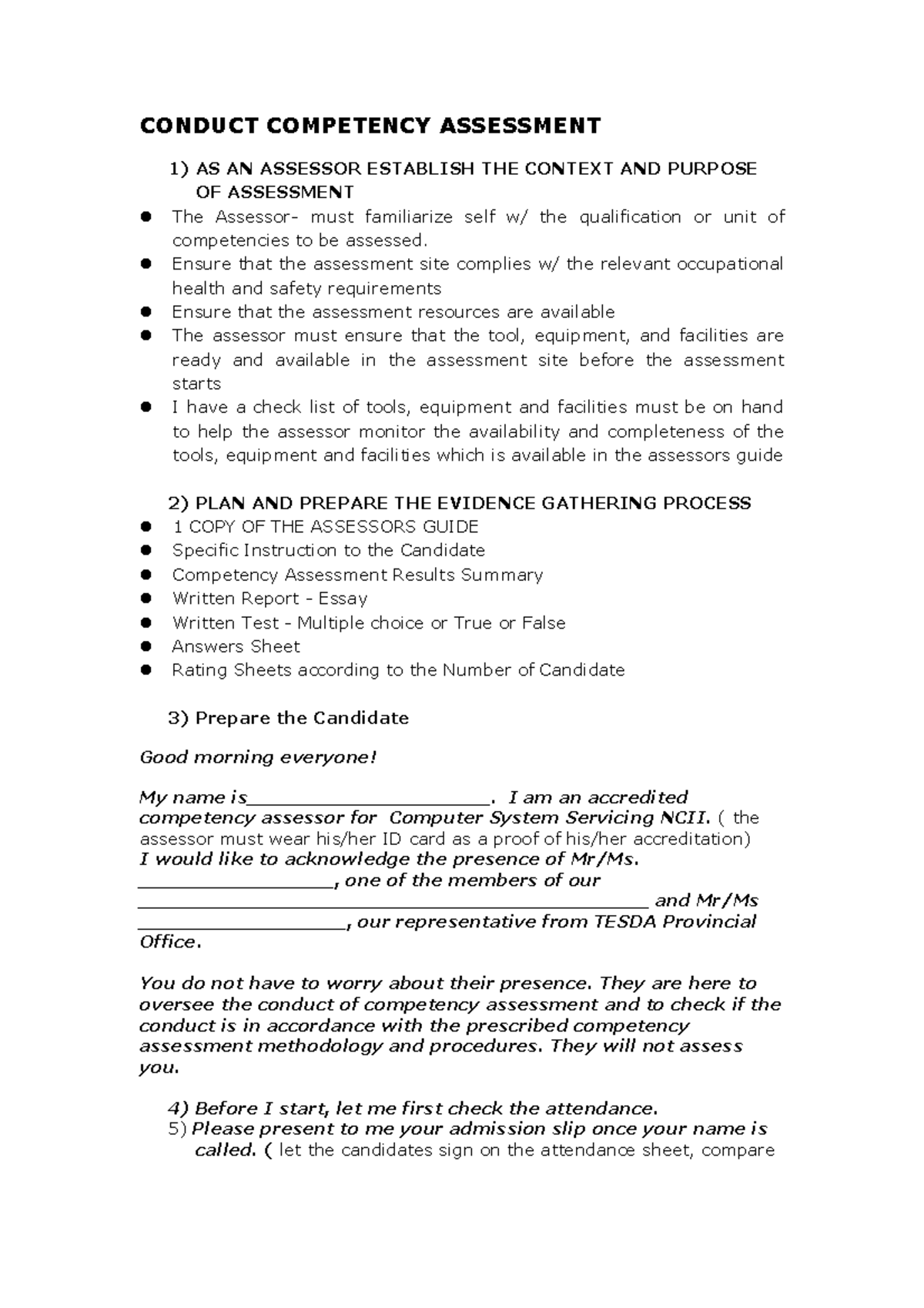 Competency Assessment Script for CSSP COC2: Guidelines and Procedures ...